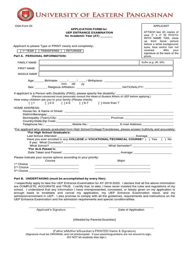 UEP Admission Form | PDF