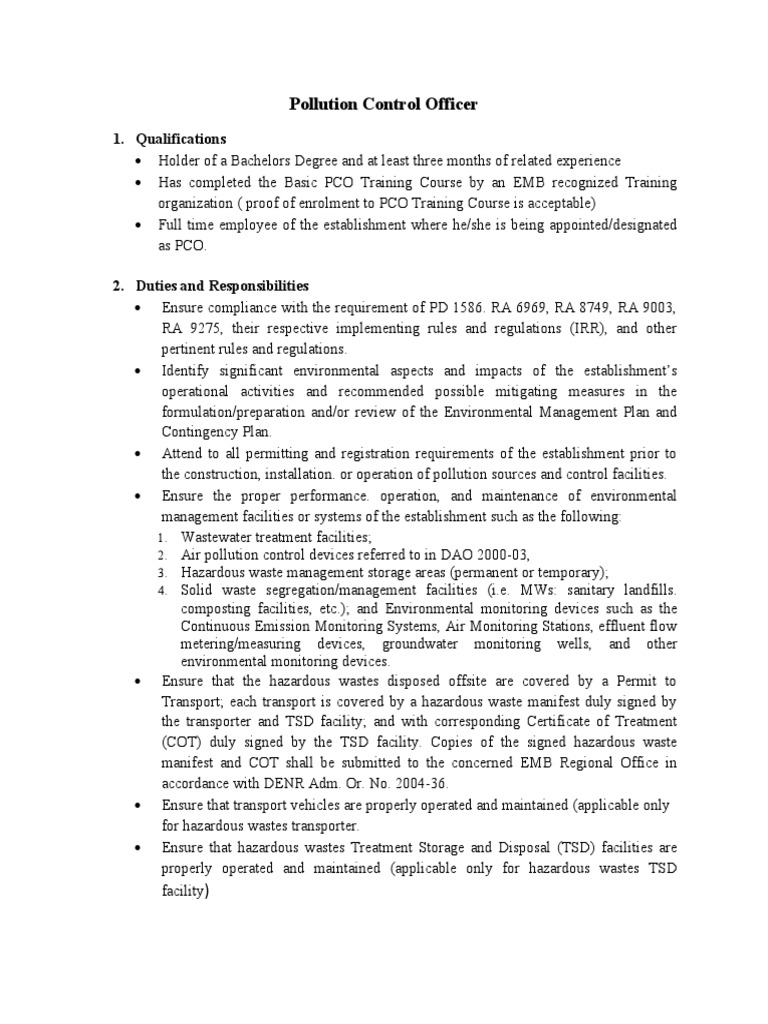 Pollution Control Officer Duties Overview | PDF