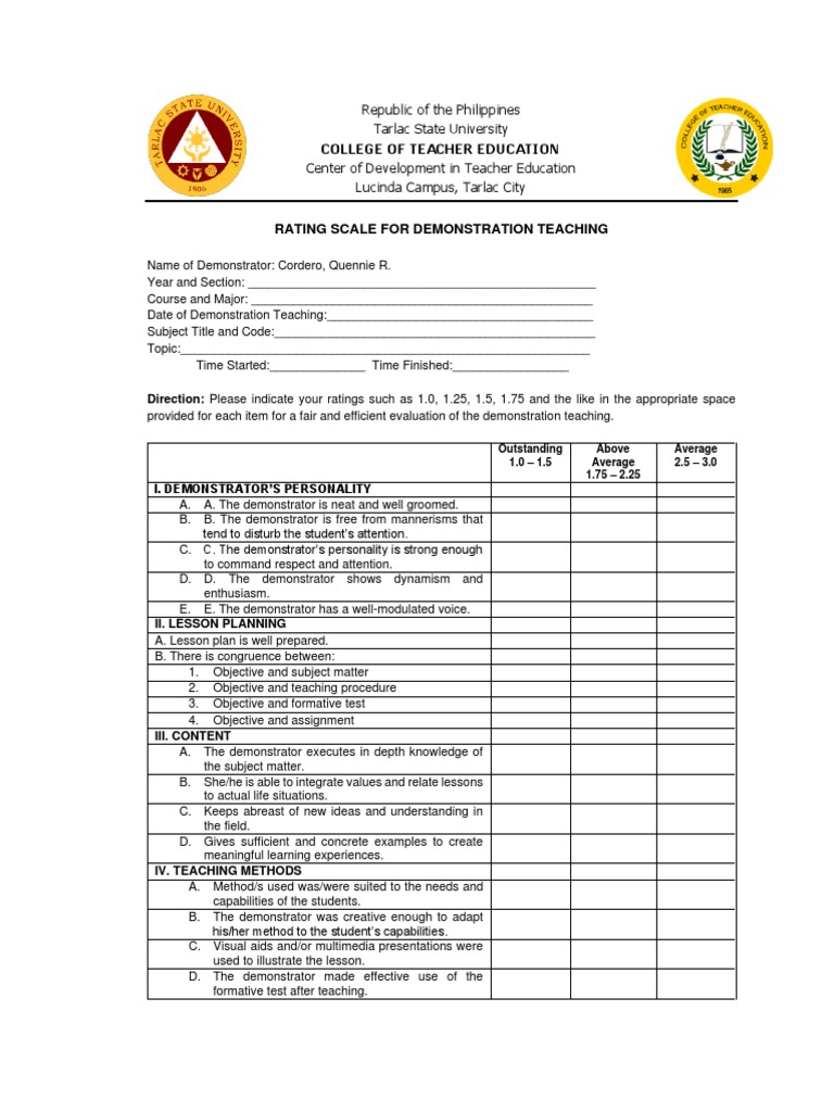 Teaching Demo Rating Scale | PDF