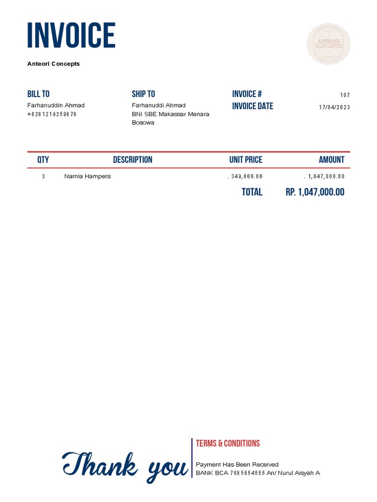 Invoice #107 for Narnia Hampers | PDF