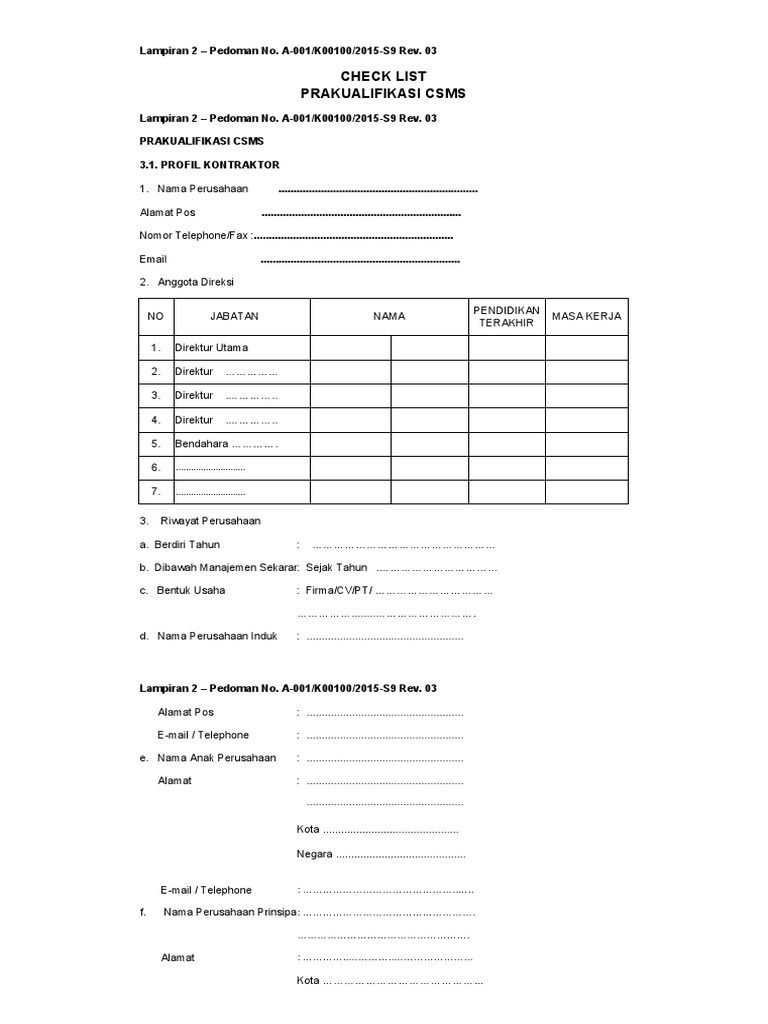 Checklist Prakualifikasi CSMS 2023 | PDF | Bisnis | Pengelolaan Keuangan & Uang