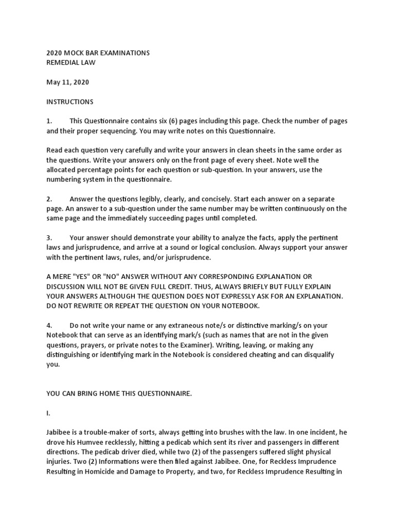 2020 Remedial Law Mock Bar Examinations | PDF