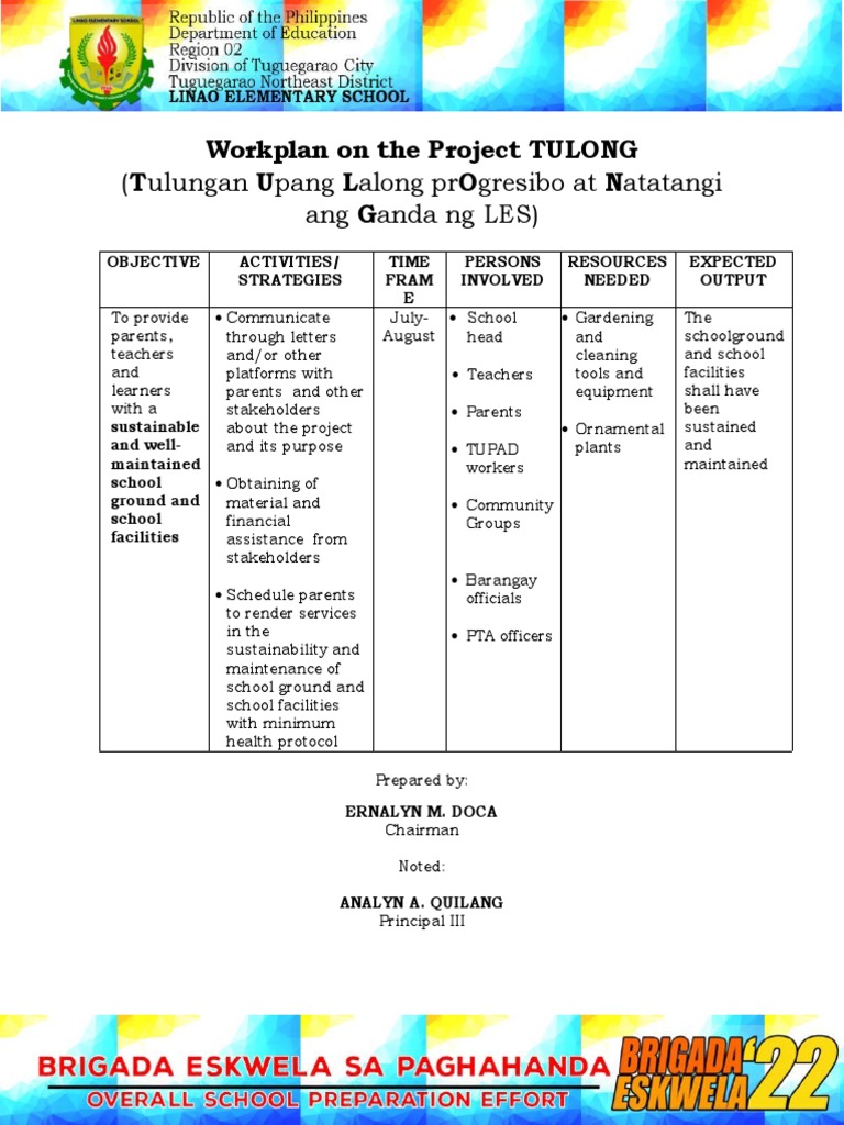 Sample Workplan and Program of Work For Project TULONG (Revised) | PDF