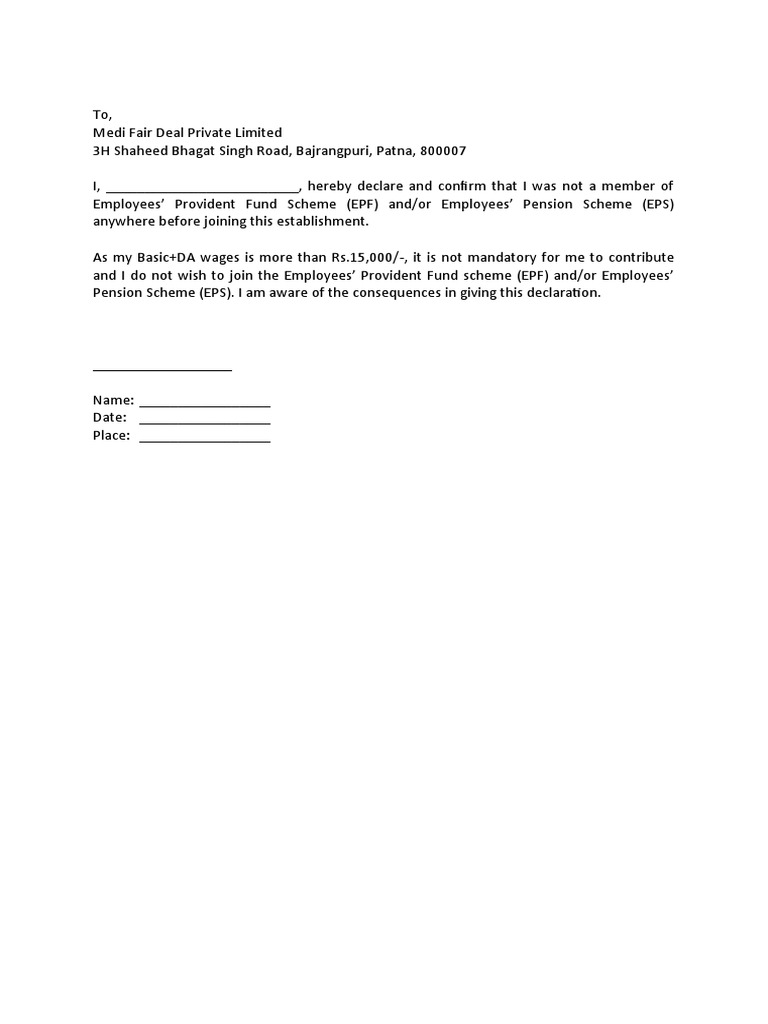 Declaration For Non-Deduction of PF | PDF