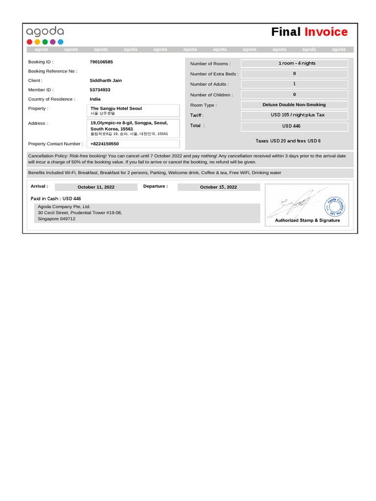 Final Invoice for 1 room hotel stay | PDF
