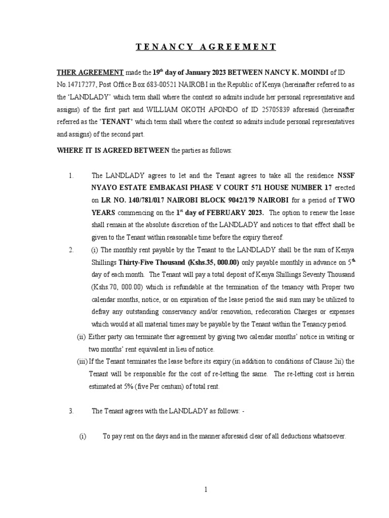 Tenancy Agreement-Nyayo Court 781-17 | PDF