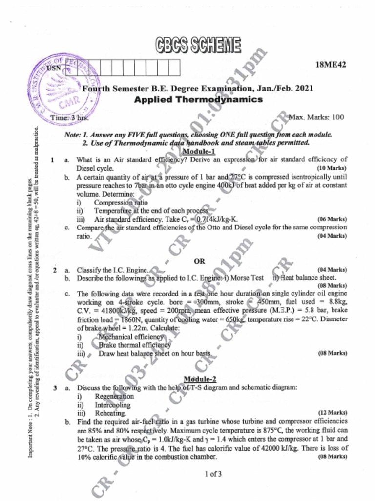 VTU Question Paper of 18ME42 Applied Thermodynamics Jan-2021 | PDF