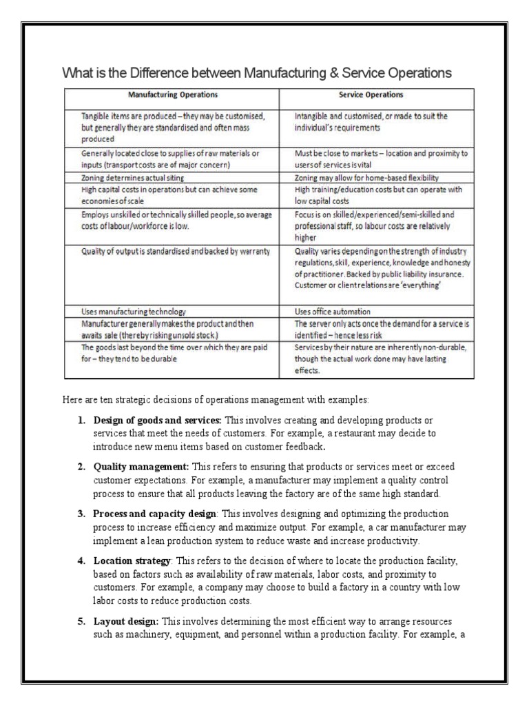 Difference Between Manufacturing and Service Operations | PDF