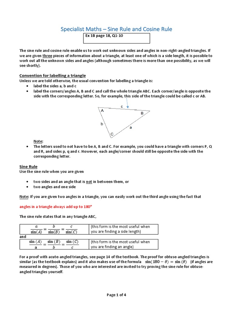Handout 1 - Sine Rule and Cosine Rule | Download Free PDF | Triangle ...