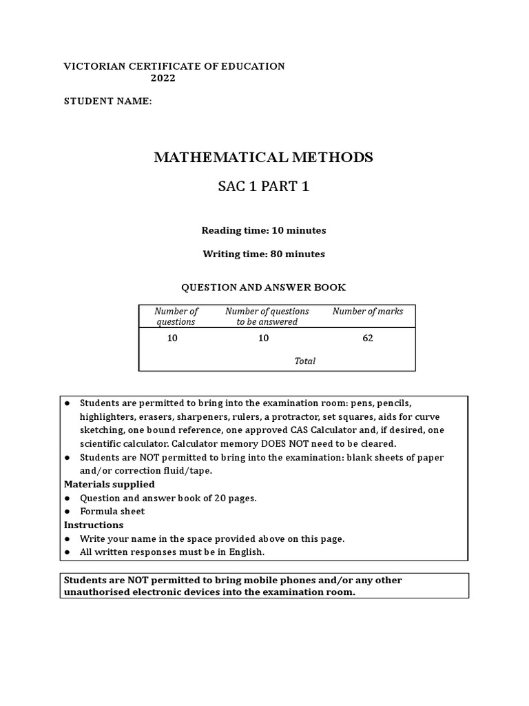 VCE 2022 Mathematical Methods Exam Guide | PDF | Tangent | Cartesian ...