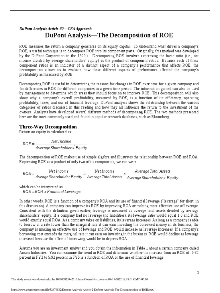 Dupont Analysis Article 2 DuPont Analysis The Decomposition of ROE | PDF
