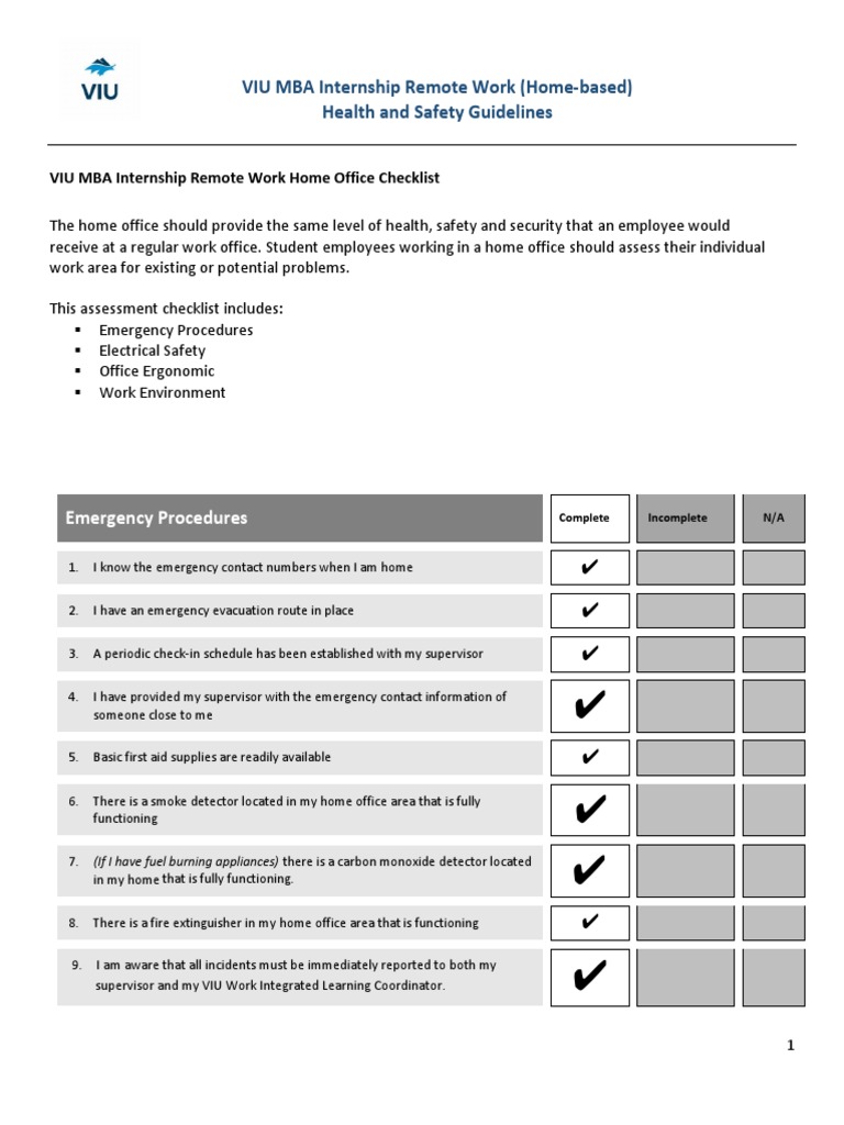 VIU MBA Internship Remote Work Safety Guidelines and Check List | PDF ...