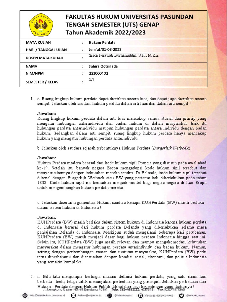 lembar jawaban UTS Hukum Perdata_Sahira Qotrinada 221000402 | PDF