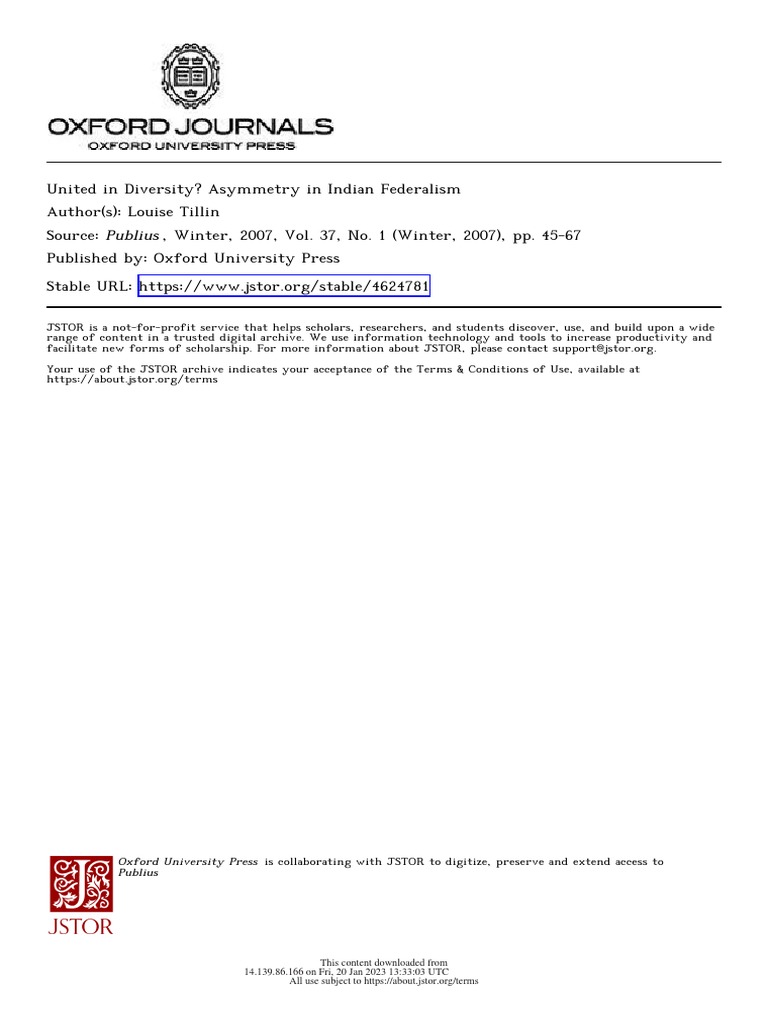 Louise Tillin-United in Diversity-Assymetric Federalism in India (2007 ...