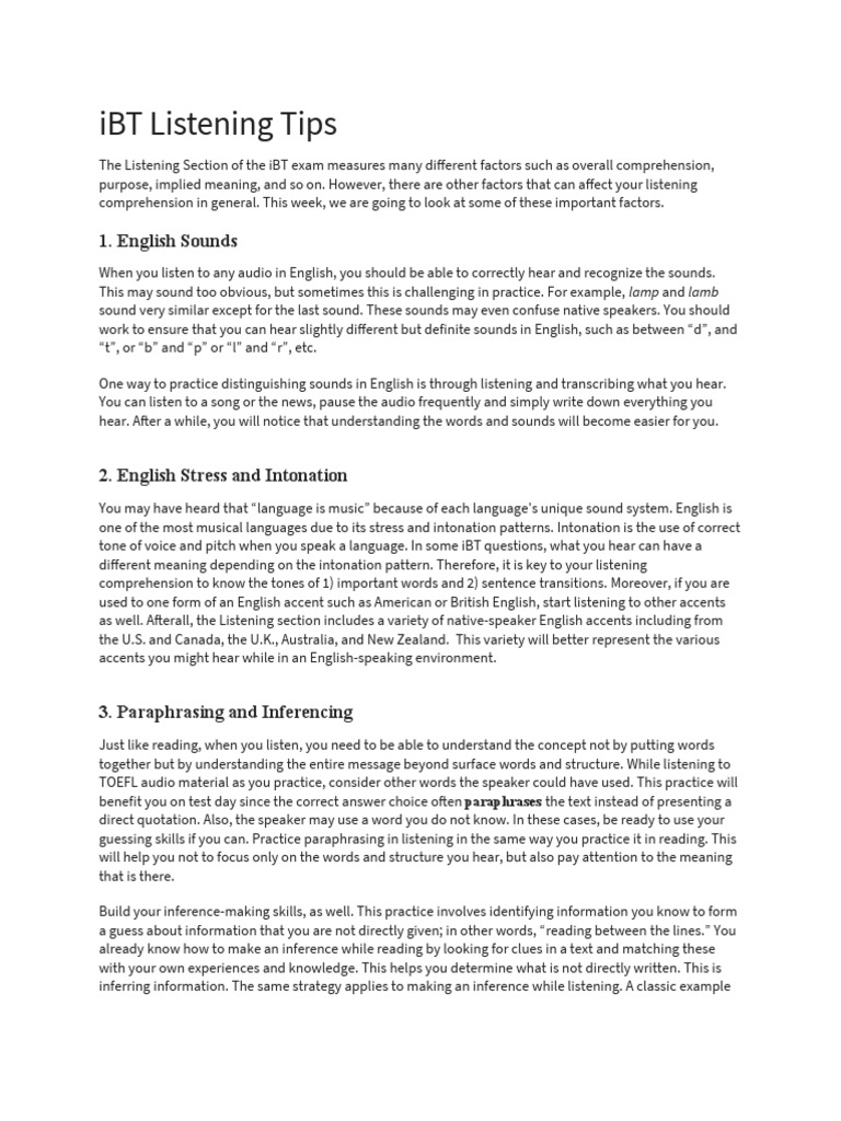IBT TOEFL Listening Tips | PDF | English Language | Conversation