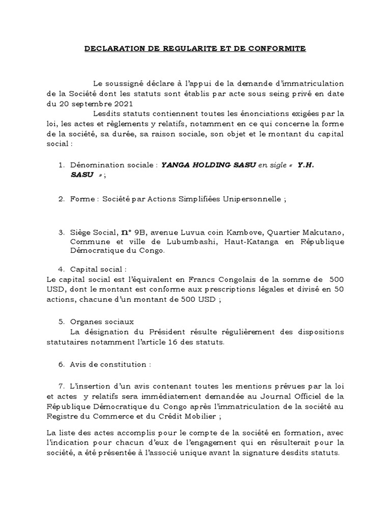 Declaration de Regularite Et de Conformite | PDF
