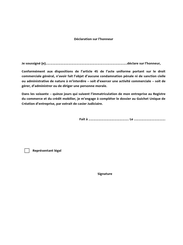Déclaration Sur l'Honneur | PDF