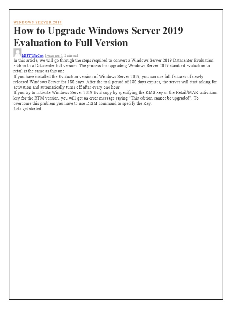How To Upgrade Windows Server 2019 Evaluation To Full V | PDF | Microsoft Windows | Data Center