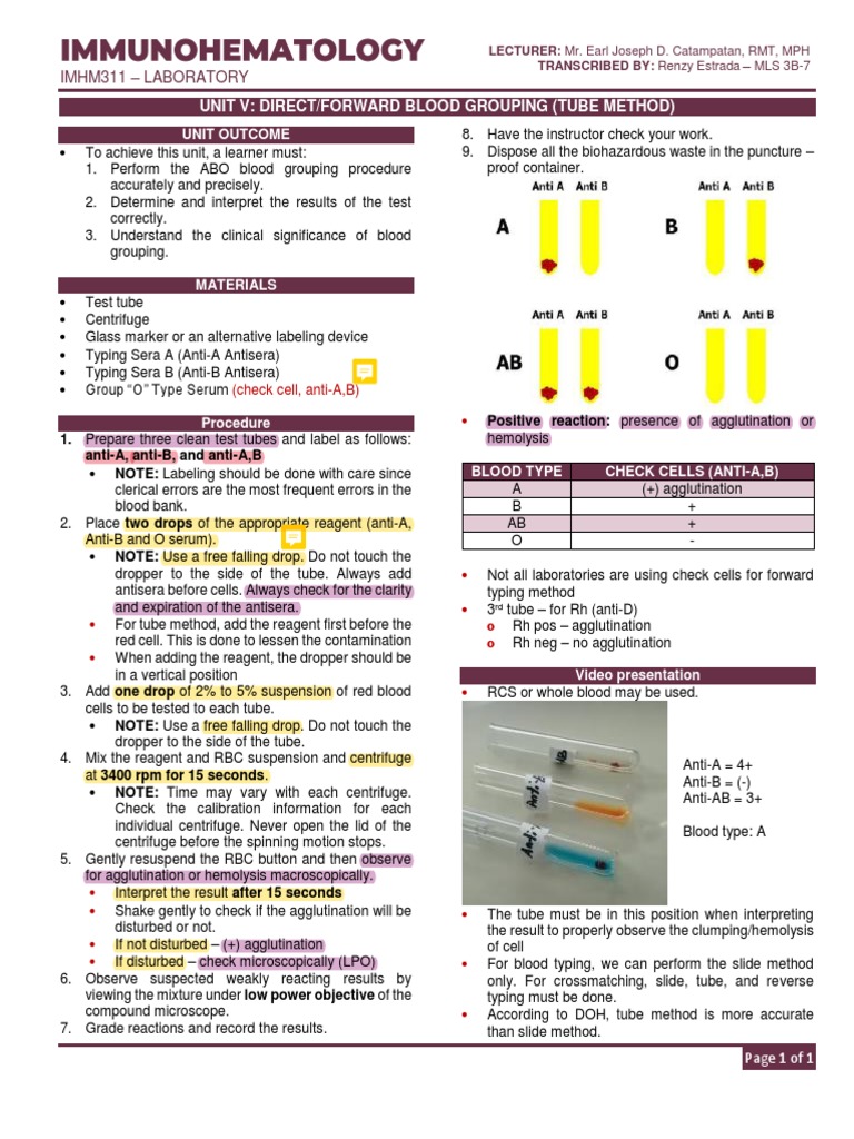 (Tube Method) Direct Forward Blood Grouping | PDF