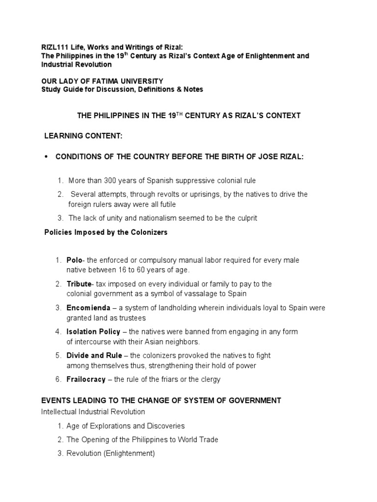 OLFU For RIZAL111 The Philippines in The 19th Century As Rizal's ...