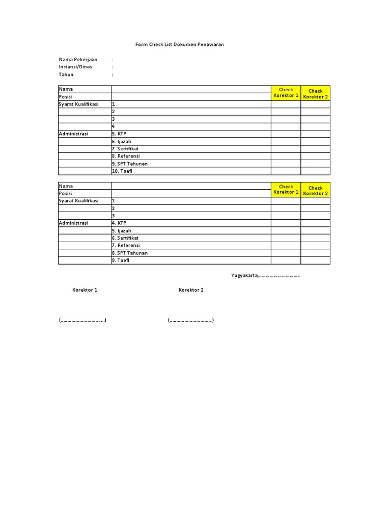 Template Form Checklist Dokumen Penawaran | PDF