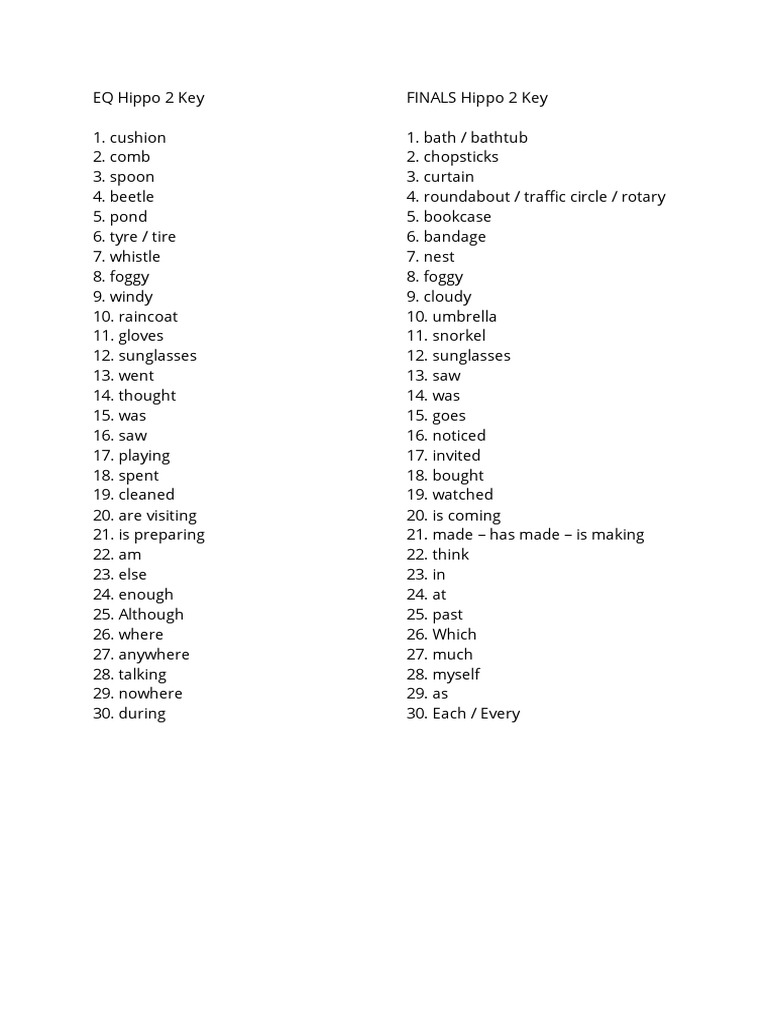 Hippo 2 Exam Key and Vocabulary | PDF