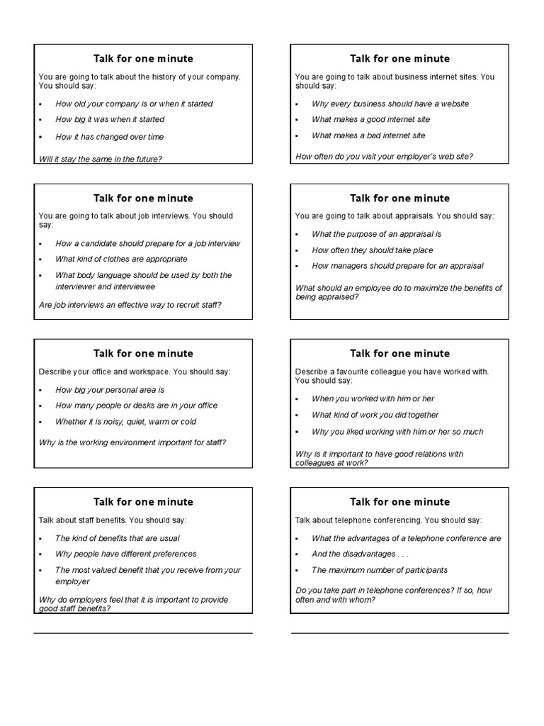 Bulats Speaking Test Part 2 Talk For One Minute Flashcards Fun ...