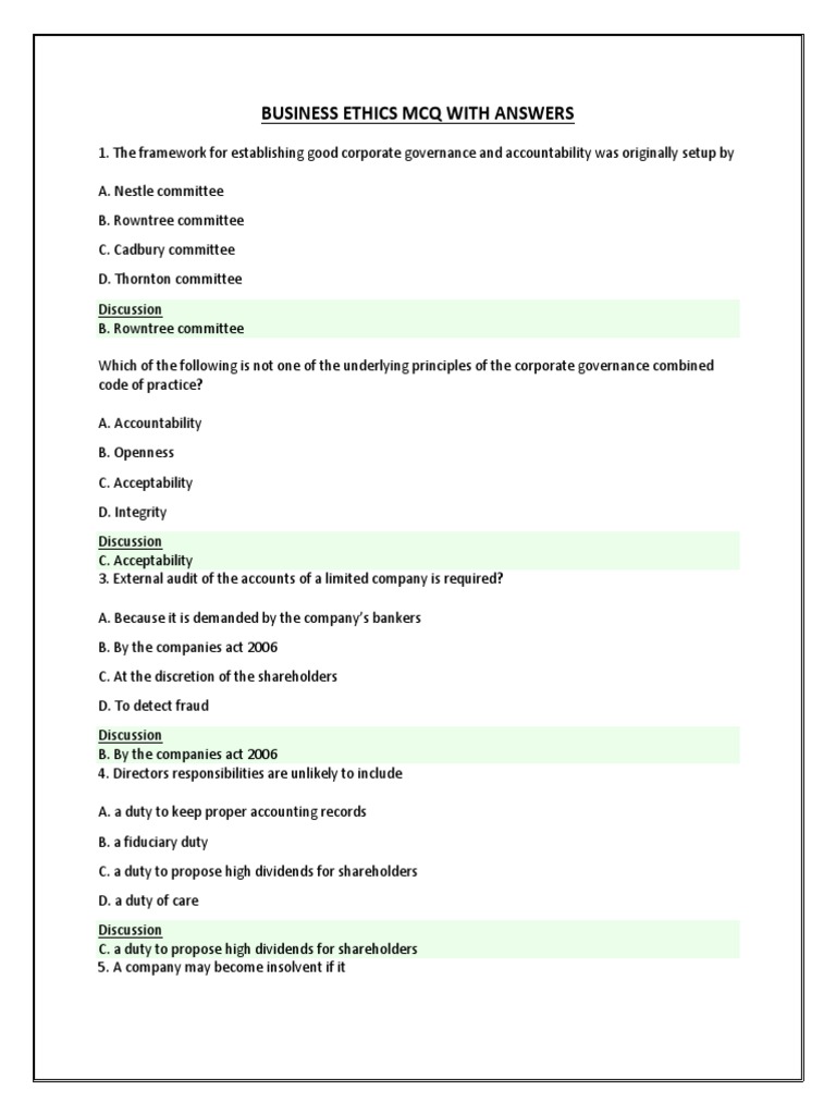 Business Ethics MCQs and Answers | PDF | Corporate Social ...