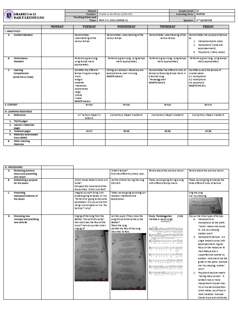 DLL - Mapeh 6 - Q4 - W1 | PDF | Tempo | Songs
