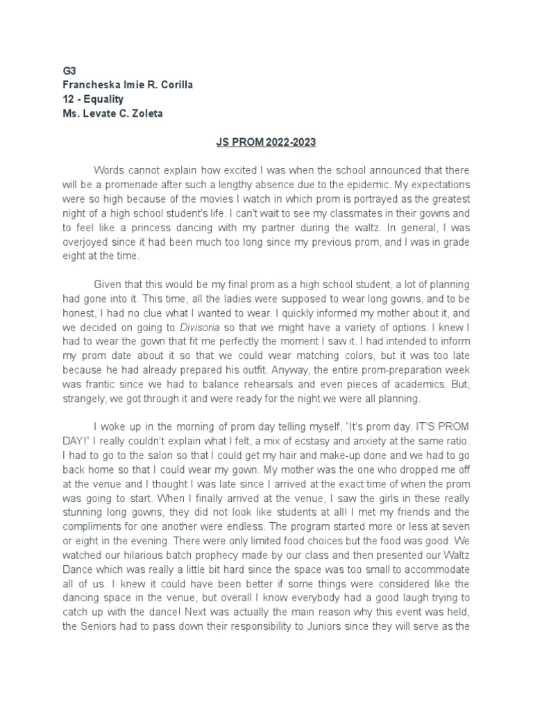 CORILLA - 3rd Quarter HOPE 12 JS PROM Evaluation | Download Free PDF | Prom