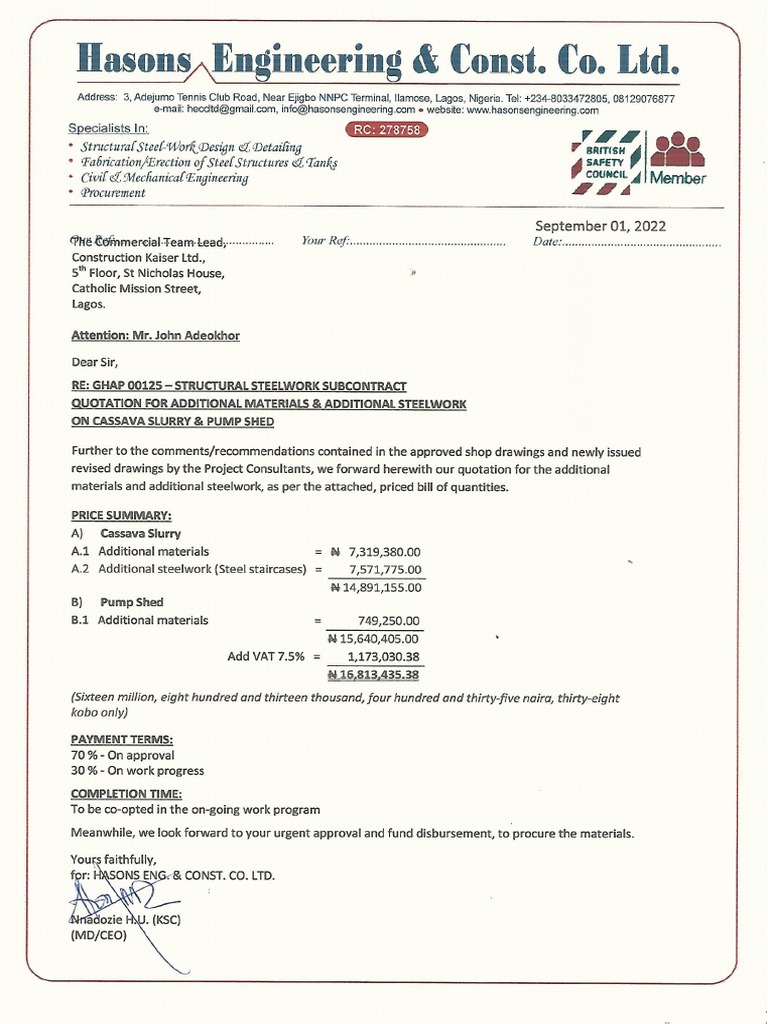 Quotation for Additional Materials & Steelworks on C.S & P.S | PDF