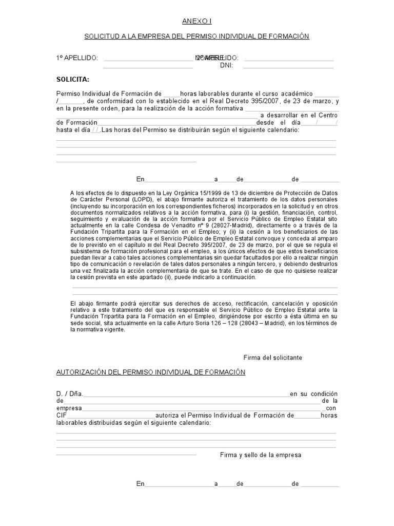 Modelo de Solicitud de Permiso Individual de Formacion en Word | PDF