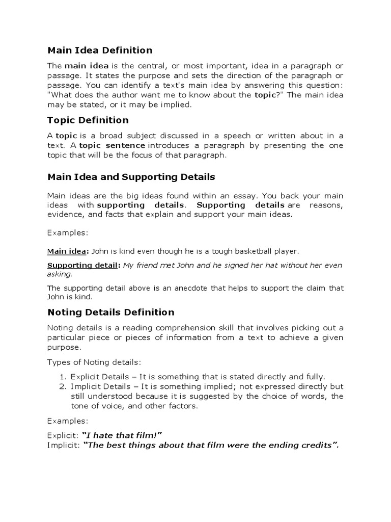 Reading Comprehension Skill 1 Getting Main Idea and Noting Details | PDF