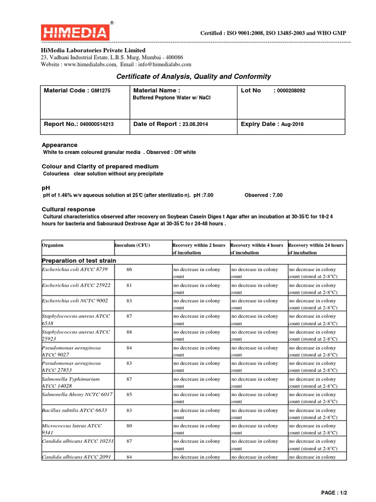COA Buffered Himedia | PDF | Medical Specialties | Microbiology
