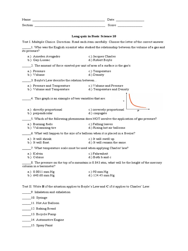 Gas Laws Quiz for Basic Science 10 | PDF