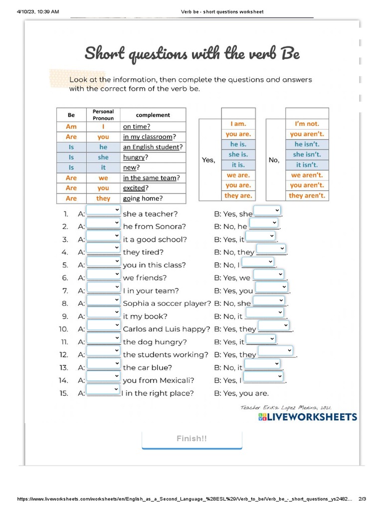 Verb Be - Short Questions Worksheet | PDF