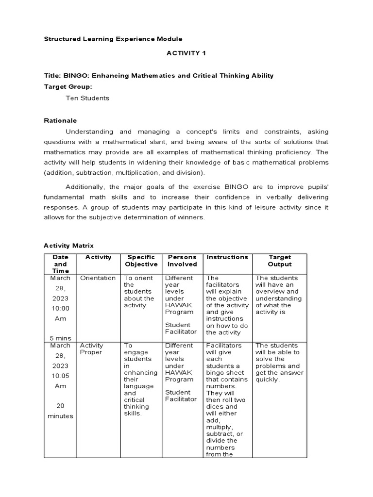 Structured Learning Experience Module | PDF | Facilitator | Thought