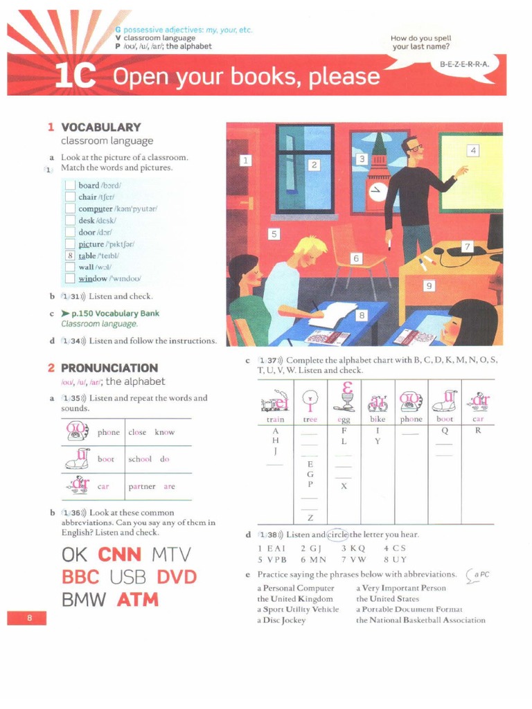 American English File Level 1 Unit 1C (Classroom Language Alphabet Possesive Adjective) | PDF