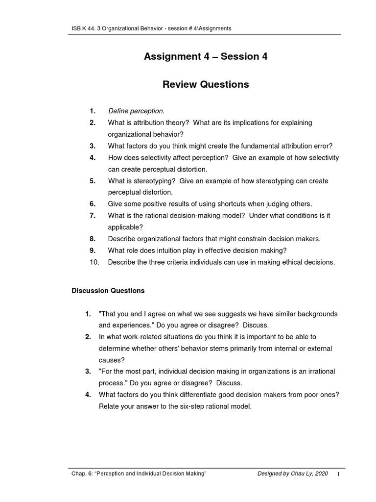 ISB K44. Session 4. Chapter 6_Assignments | PDF