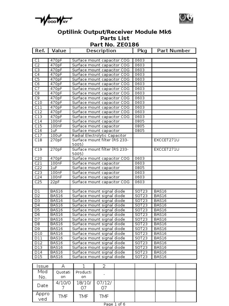 Optilink Output/Receiver Module Mk6 Parts List Part No. ZE0186 | PDF