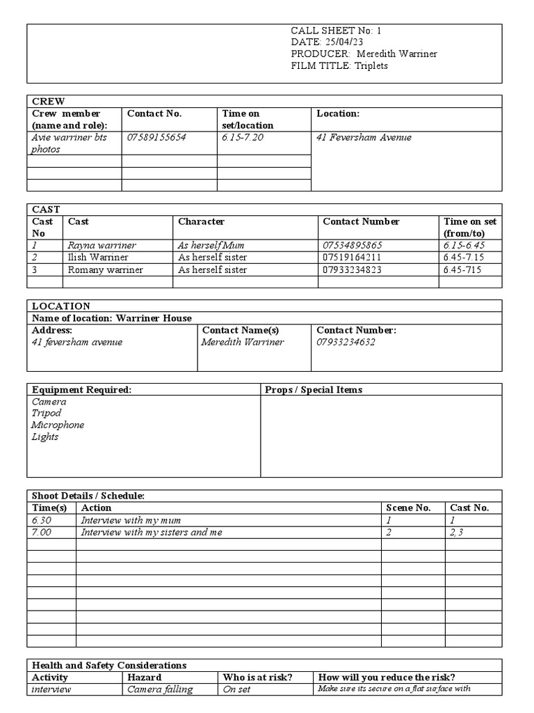 Call Sheet For Video | PDF
