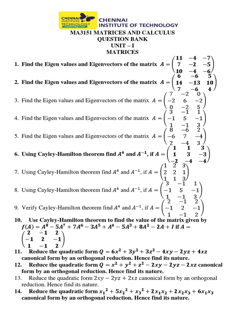 MA3151 Matrices and Calculus Question Bank | PDF