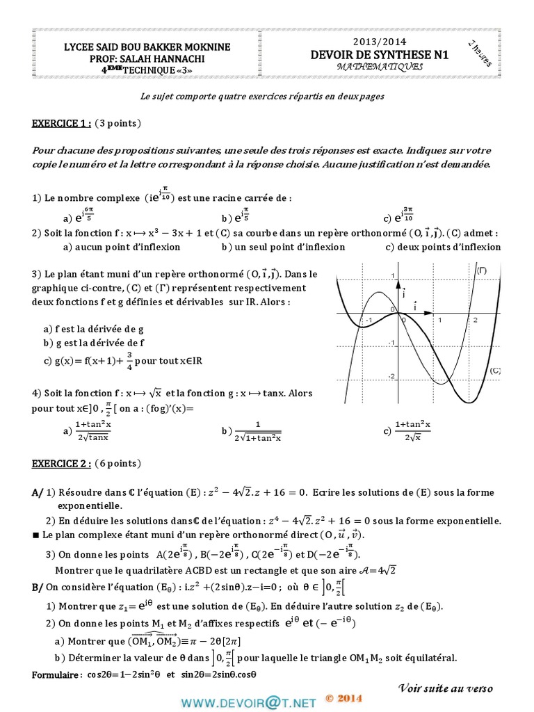 Devoir de Synthèse N°1 - Math - Bac Technique (2013-2014) MR Salah Hannachi | PDF | Fonction ...