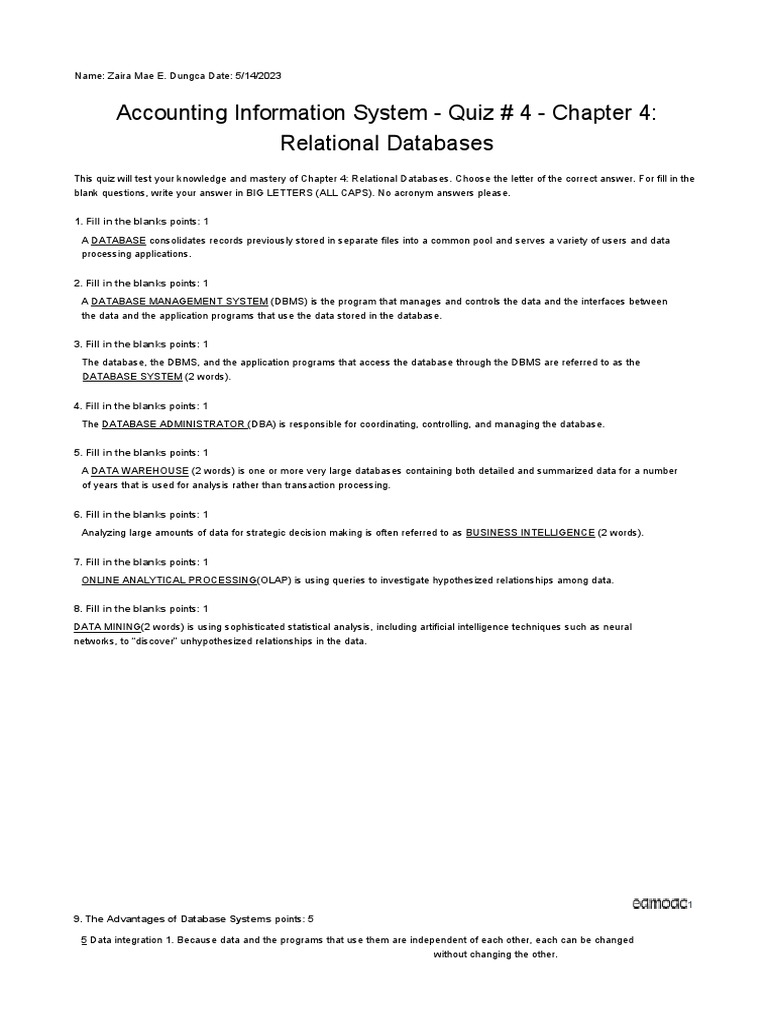 Accounting Information System Quiz 4 Chapter 4 Relational Databases Pdf