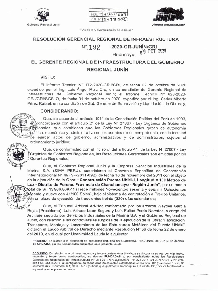 Resoluci N Gerencial Regional de Infraestructura N 192-2020-GR-JUNIN GRI | PDF | Demanda ...