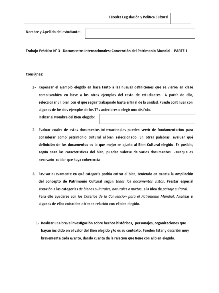 Trabajo Práctico #3 - Documentos Internacionales Convención Del Patrimonio Mundial PARTE 1 | PDF ...