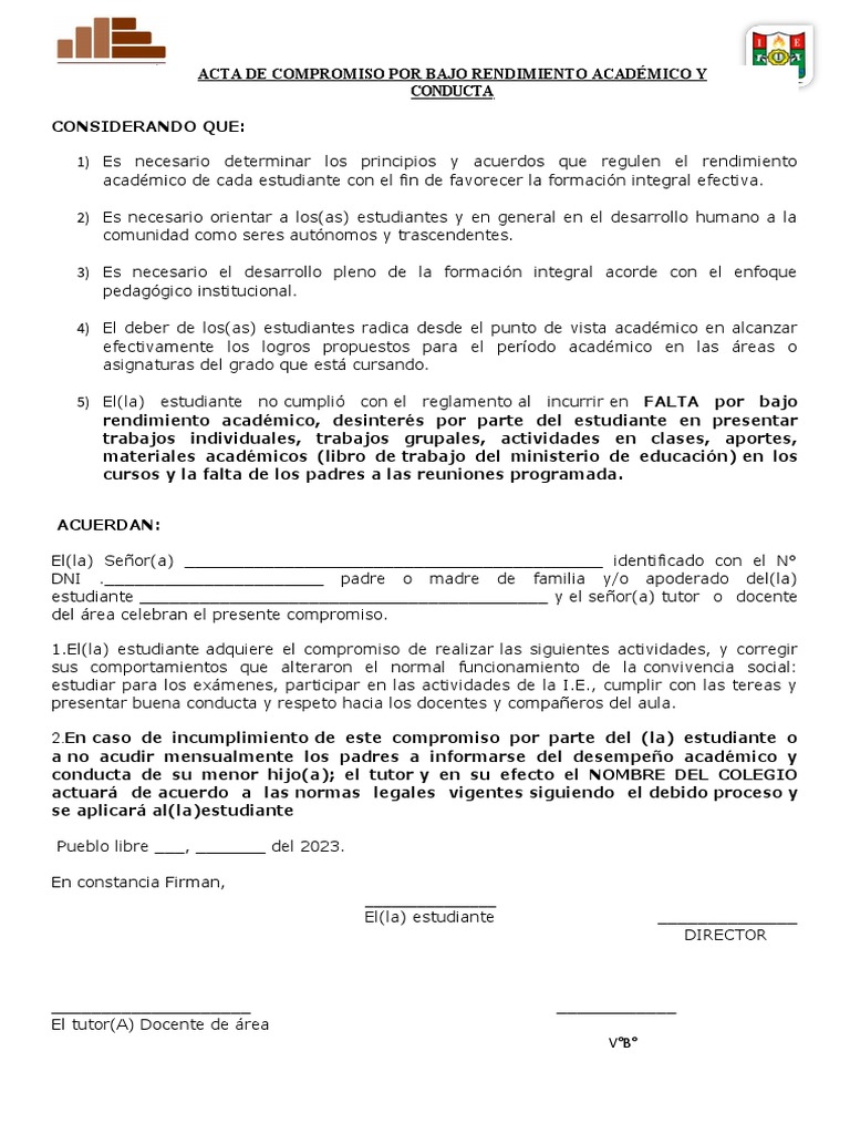 Acta compromiso bajo rendimiento | PDF | Maestros | Modificación de comportamiento
