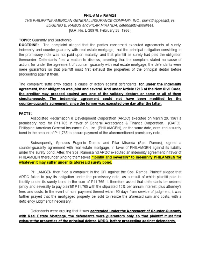 Phil-Am v. Ramos: Suretyship Case Summary | PDF | Finance & Money ...