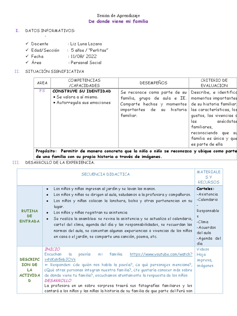 De Donde Viene Mi Familia: Sesión de Aprendizaje | PDF | Salón de ...