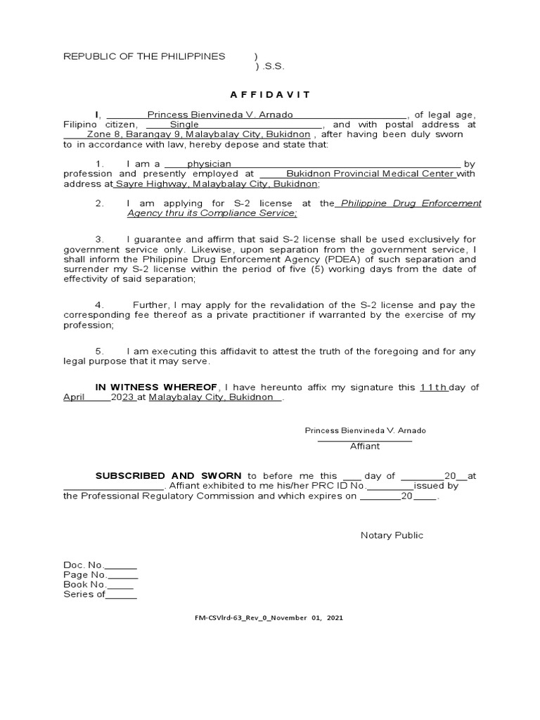 S2 Affidavit Pdea Format | PDF